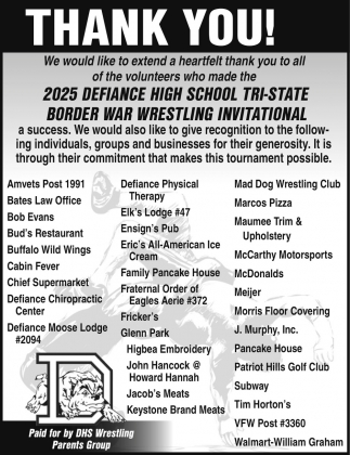 Thank You!, DHS Wrestling Parent Group, Defiance, OH